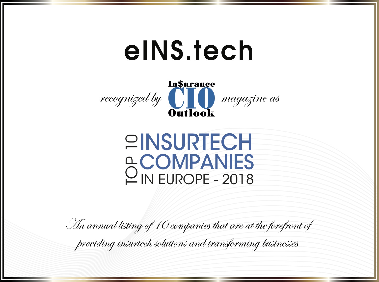 eINS.tech awarded the Certificate TOP 10 Insurtech Companies Europe ...